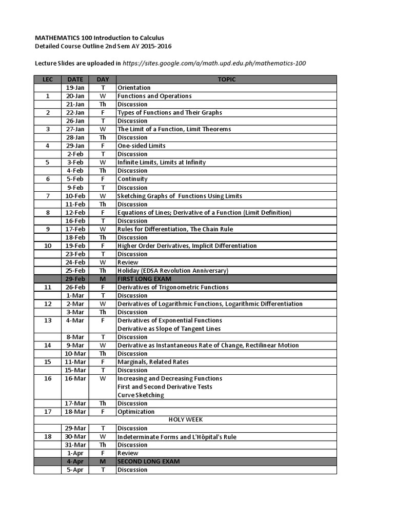 Math 100 Detailed Course Outline PDF | PDF | Derivative | Integral