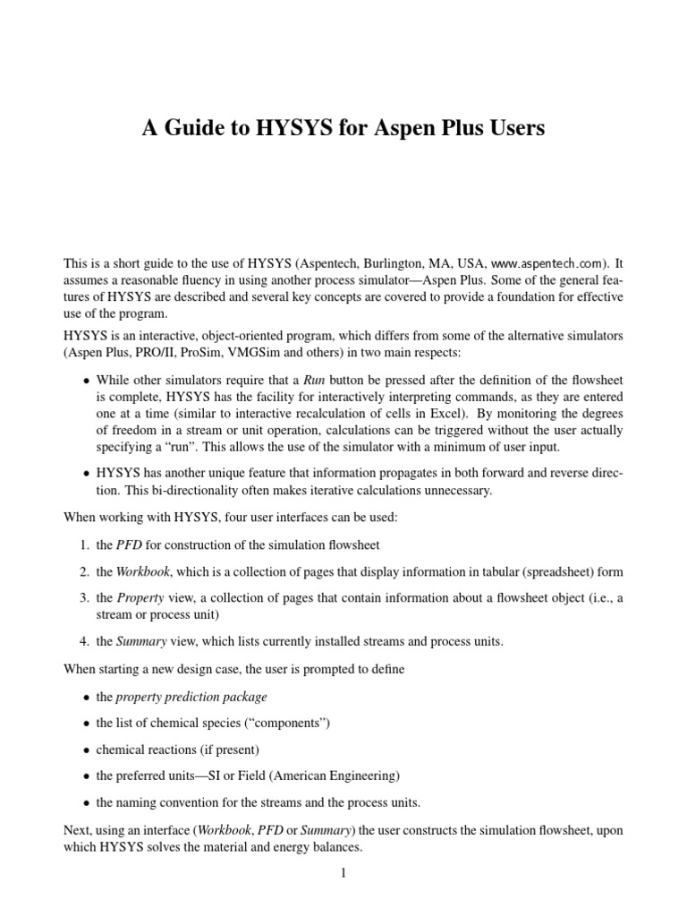 HYSYS Guide for Aspen Plus Users | PDF | Pressure | Simulation