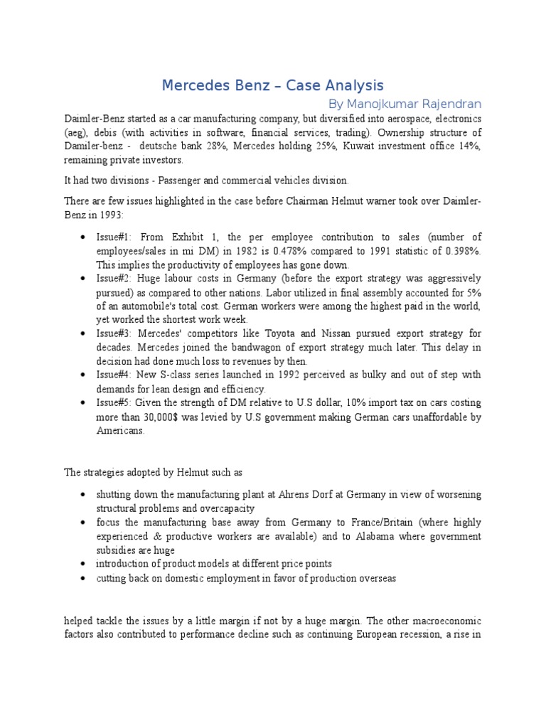 Mercedes Benz - Case Analysis: by Manojkumar Rajendran | PDF | Daimler ...