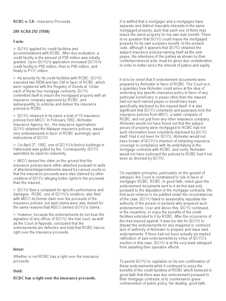 RCBC v. CA - Insurance Proceeds 289 SCRA 292 (1998) Facts | PDF ...