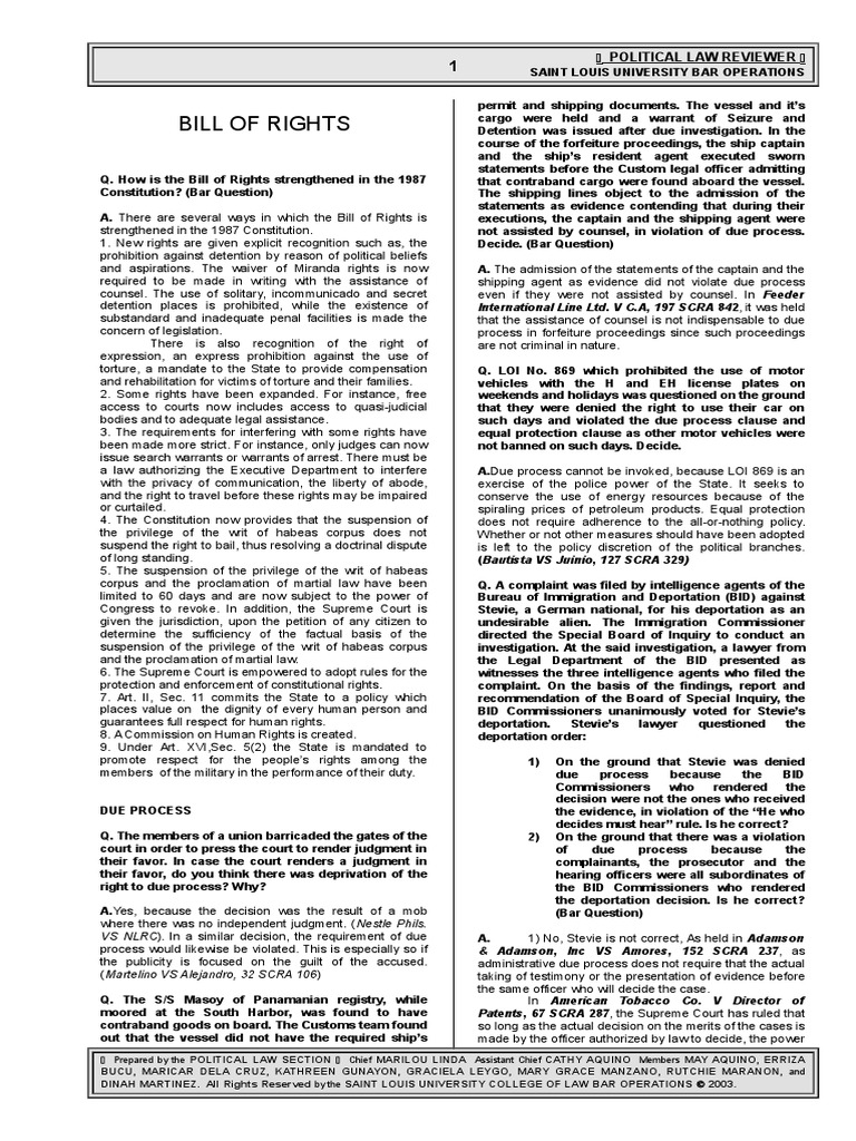 CONSTI 2 BILL OF RIGHTS (Bar Questions) | PDF | Search And Seizure | Due Process Clause
