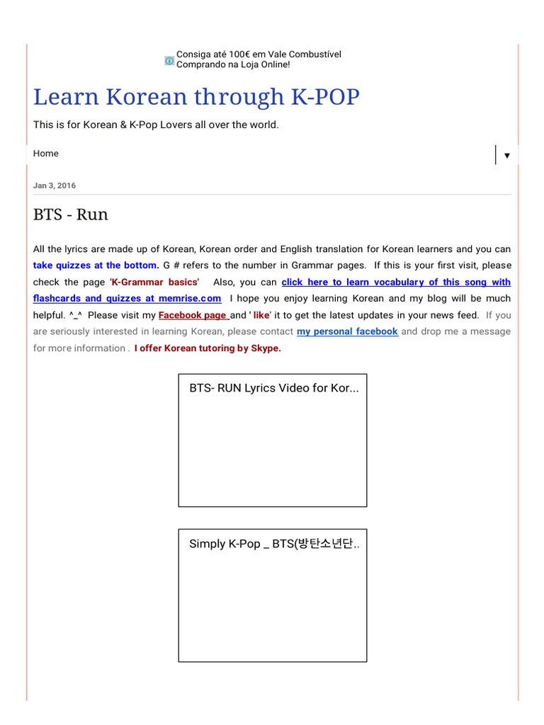 Learn Korean with BTS Run Lyrics | PDF | Internet | Languages