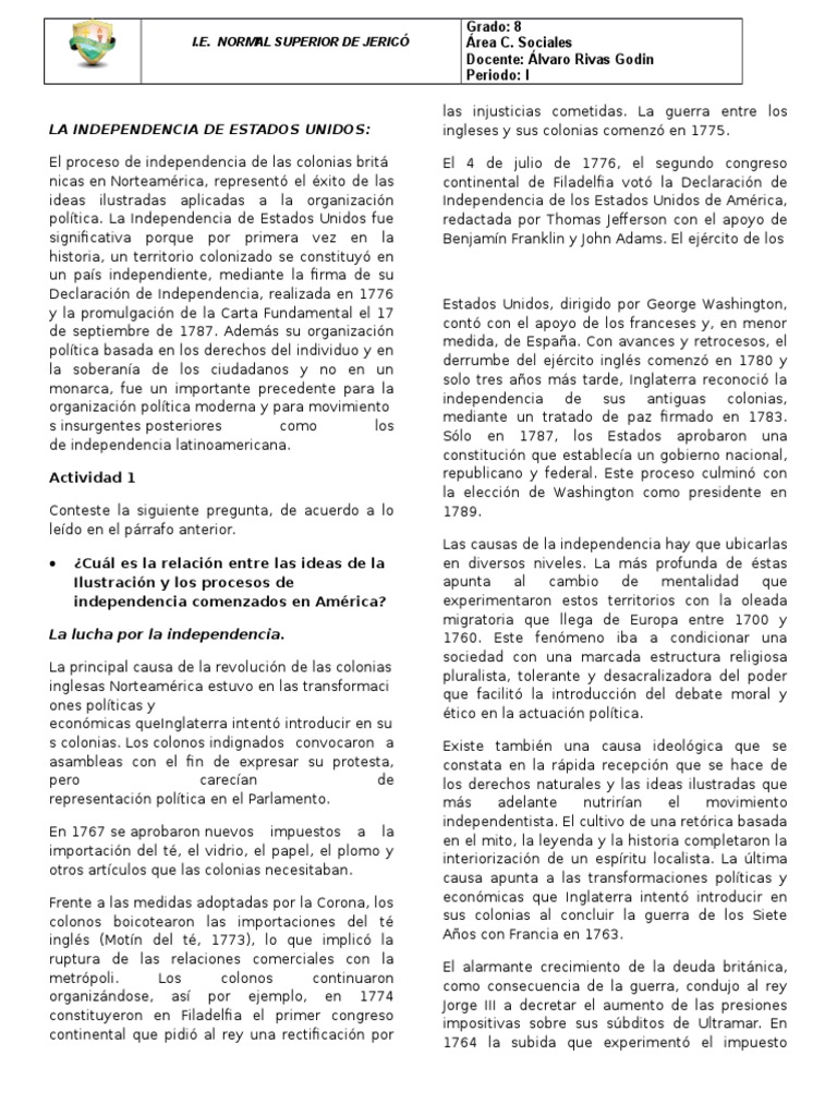 Guía de Trabajo La Independencia de Estados Unidos | PDF | Declaración ...