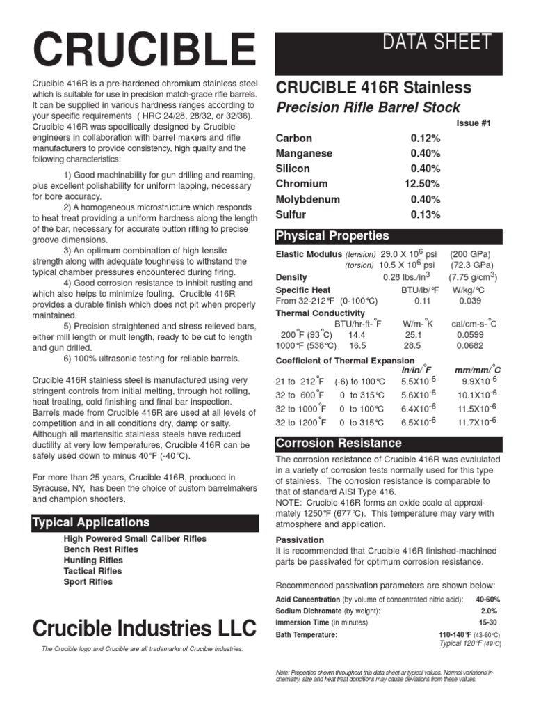 Crucible 416R Stainless Data Sheet | Download Free PDF | Stainless ...