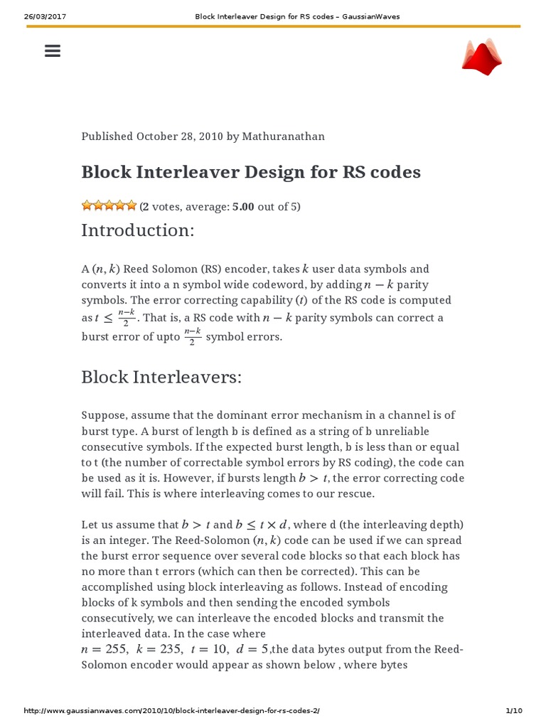 Block Interleaver Design For RS Codes: K N K T N K | PDF | Physical ...