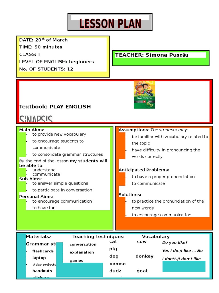 TEACHER: Simona Pu Cău Ș: Main Aims: Assumptions: The Students May ...
