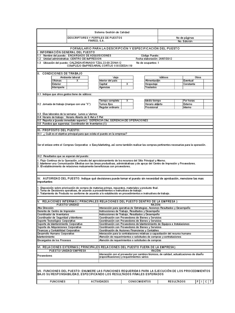 Formato Descriptor y Perfiles de Puesto Encargado de Compras | PDF ...