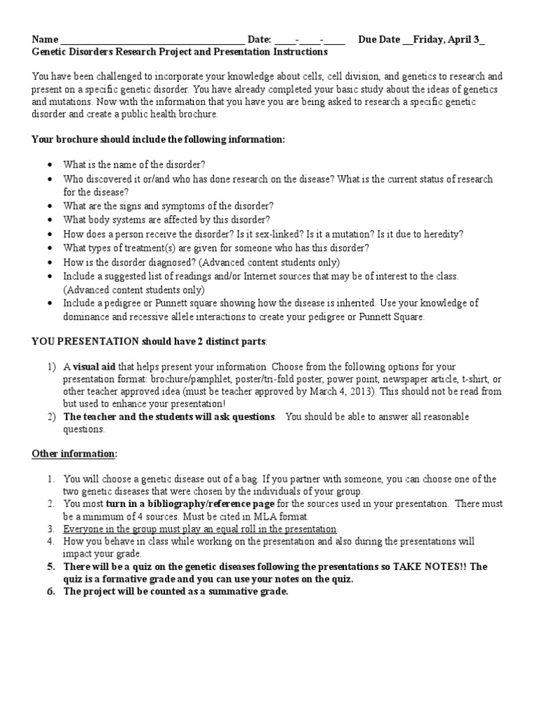 Genetic Disorders Research Project Guide | PDF | Genetics | Heredity