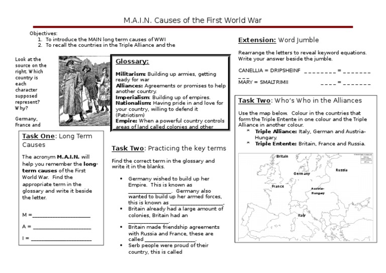 MAIN Causes WWI Worksheet | PDF | German Empire | World War I