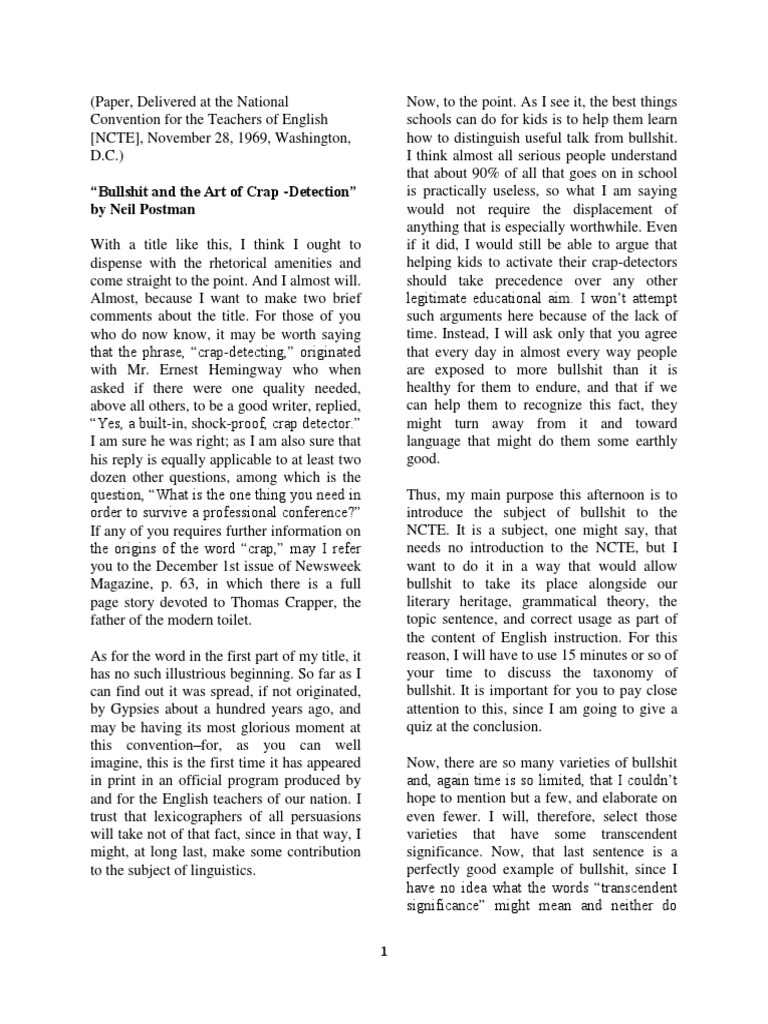 "Bullshit and The Art of Crap - Detection" by Neil Postman | PDF ...