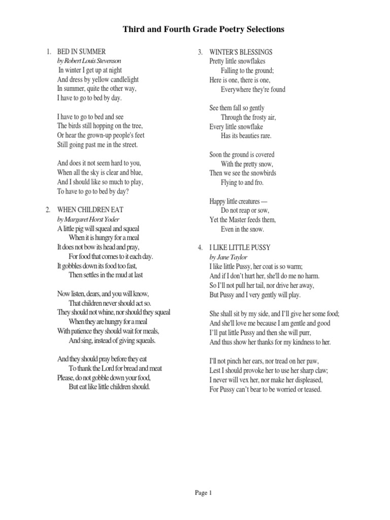 Third and Fourth Grade Poetry Selections: by Robert Louis Stevenson In ...