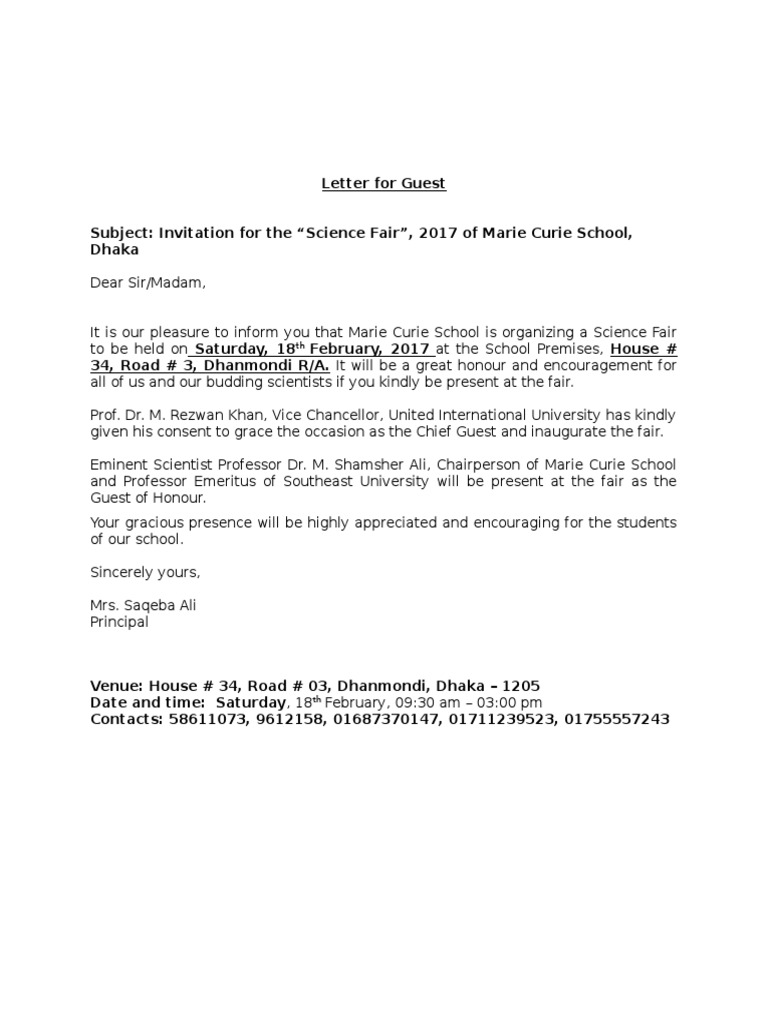 Invitation Letter For Science Fair, 2014 - Through Mail | PDF