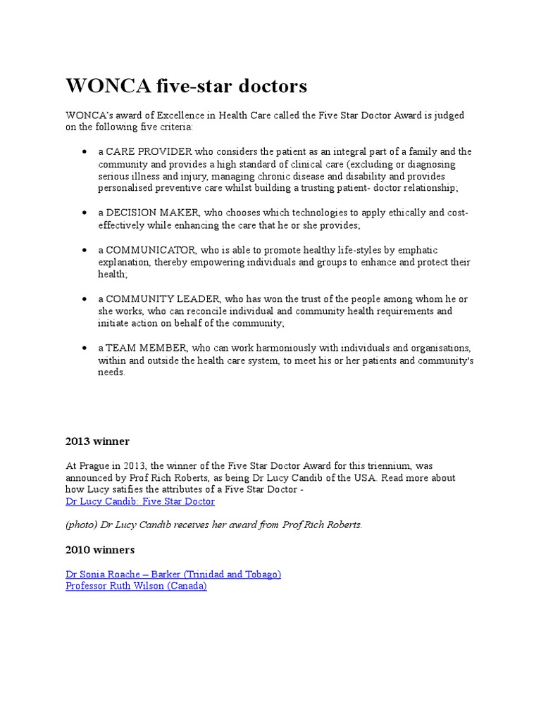 The Five Pillars of a Five Star Doctor: Criteria for the WONCA ...