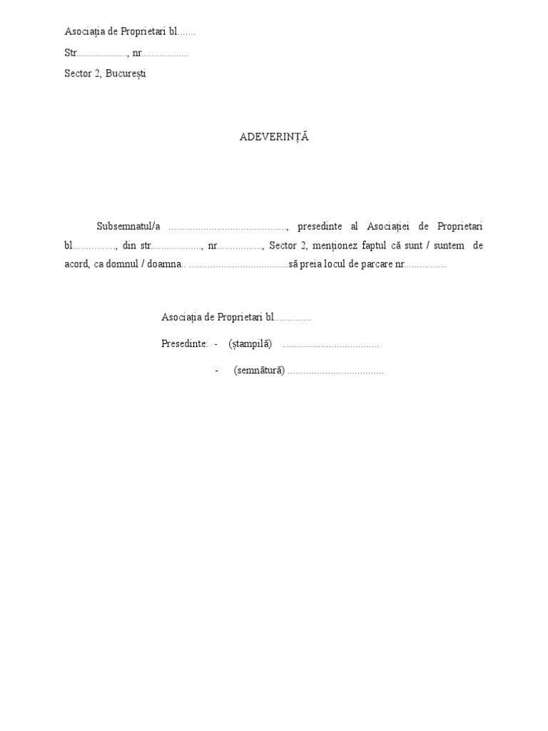 Adeverinta Parcare Presedinte | PDF