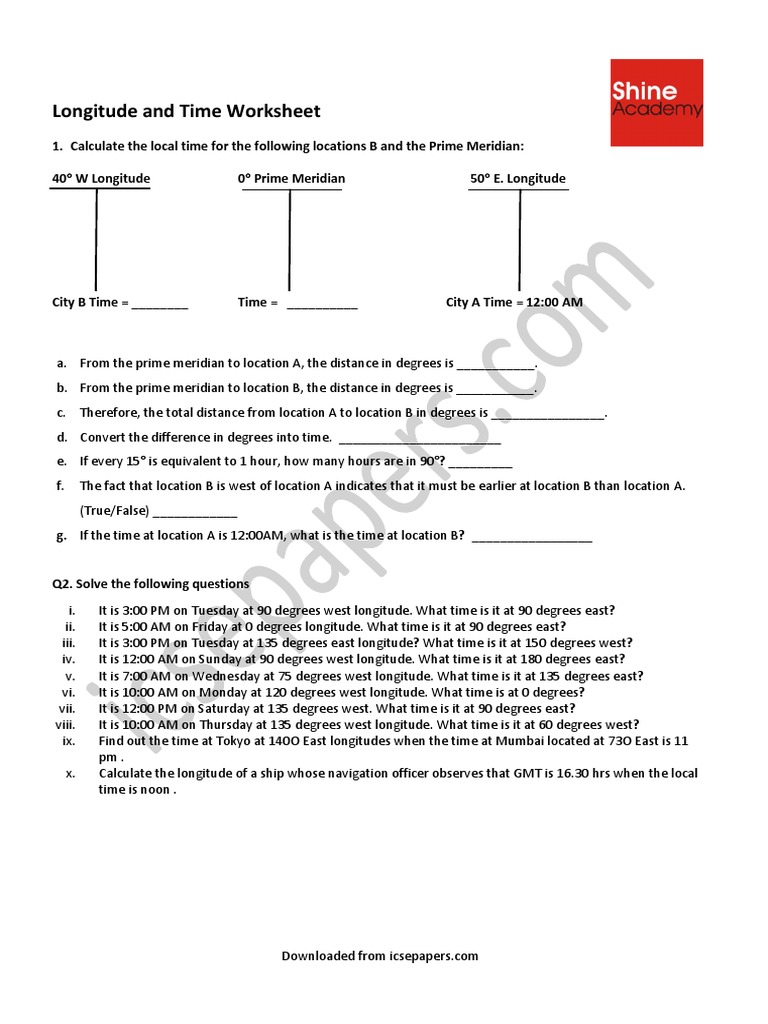Longitude and Time Calculation Worksheet | PDF | Longitude | Geomatics