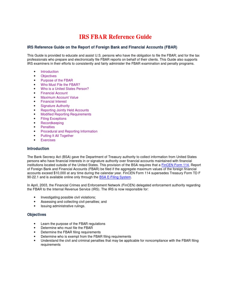 IRS FBAR Reference Guide | PDF | Securities (Finance) | Trust Law