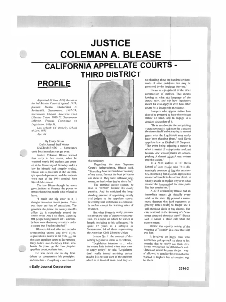 Profile of Justice Coleman A. Blease, California Appellate Courts ...