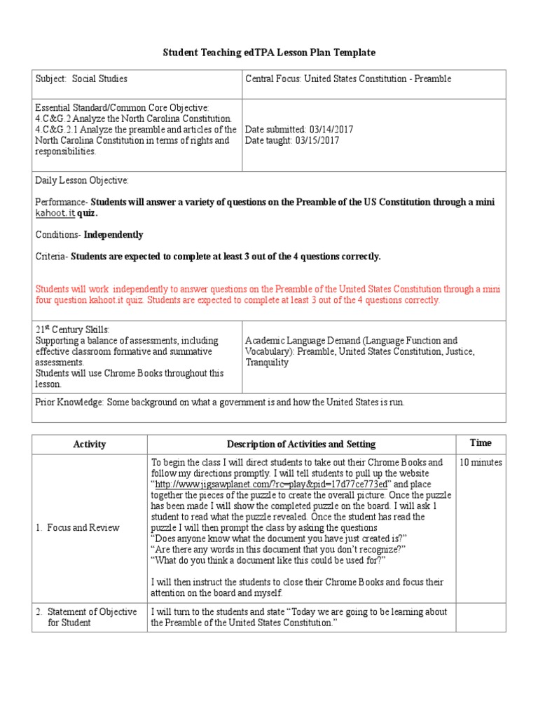 edTPA Social Studies Lesson Plan | PDF | United States Constitution ...