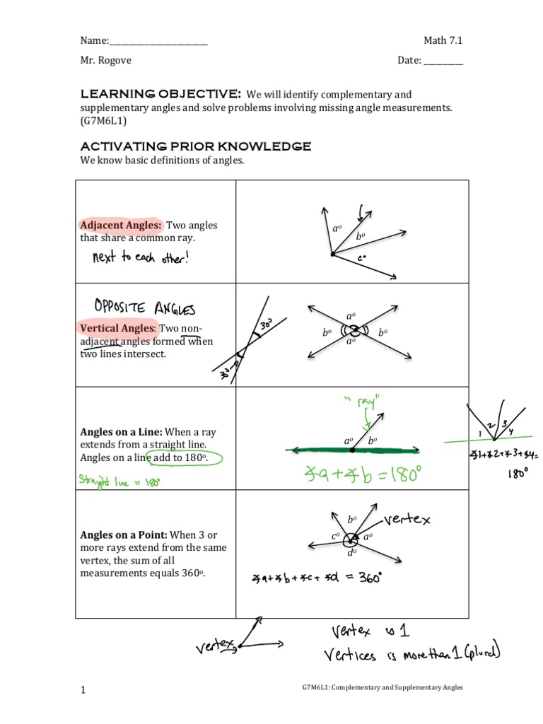 Grade 7: Complementary & Supplementary Angles | PDF | Angle | Geometry