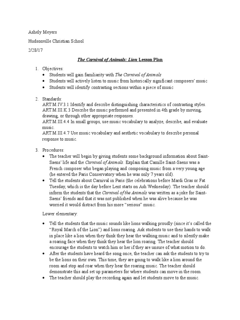 The Carnival of Animals: Lion Lesson Plan | PDF | Carnival ...