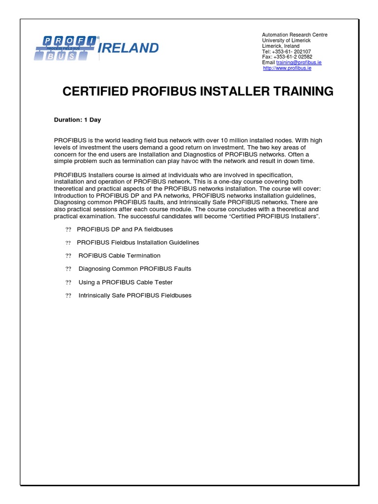 Certified Profibus Installer Training: Duration: 1 Day | PDF
