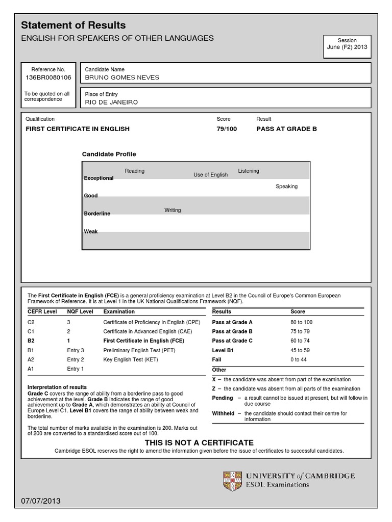 Statement of Results: English For Speakers of Other Languages | PDF ...