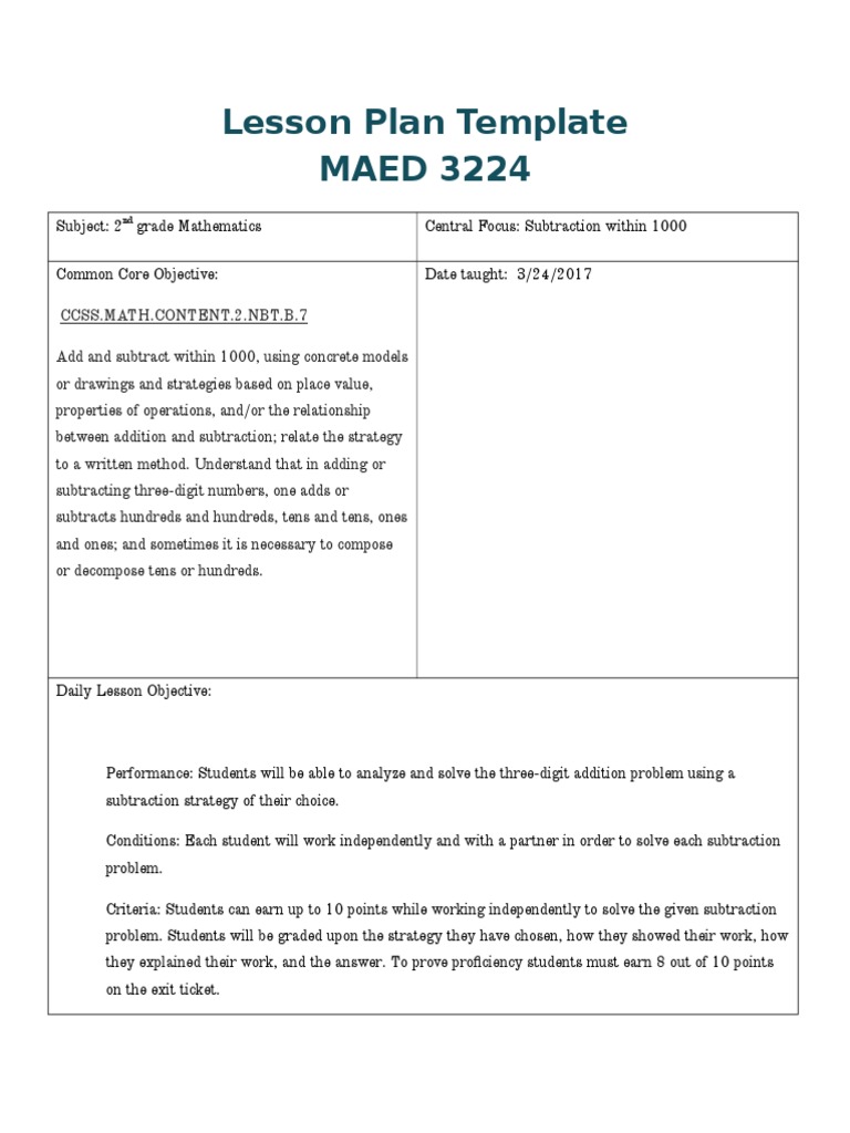 Lesson Plan Template MAED 3224: Ccss - Math.Content.2.Nbt.B.7 | PDF ...