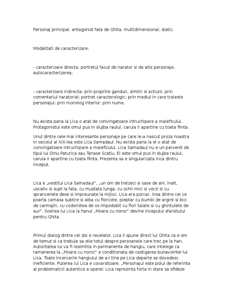 Caracterizarea Personajului Lica Samadaul Din Opera Moara Cu Noroc Scrisa de Ioan Slavici-Prima ...