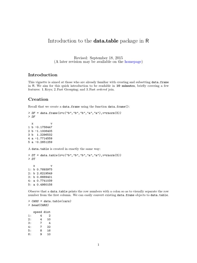 Introduction To The Data - Table Package in R: Revised: September 18 ...