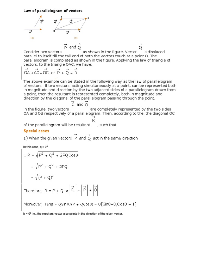 Parallelogram Law of Vectors Explained | PDF | Science & Mathematics