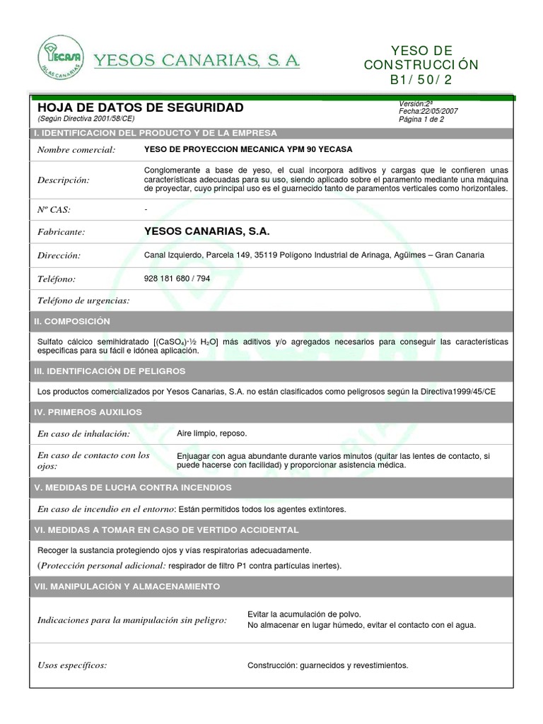 Hoja de Seguridad Yeso | PDF | Yeso | Aerosol