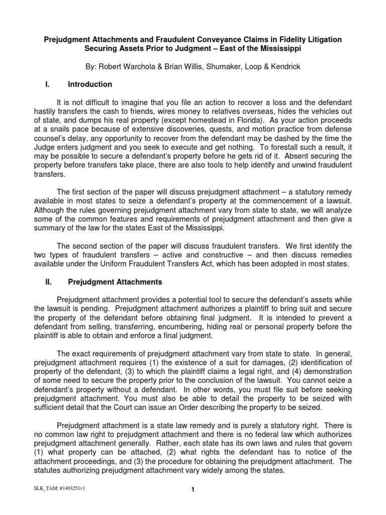 Prejudgment Attachments and Fraudulent Conveyance.pdf | Lawsuit | Damages