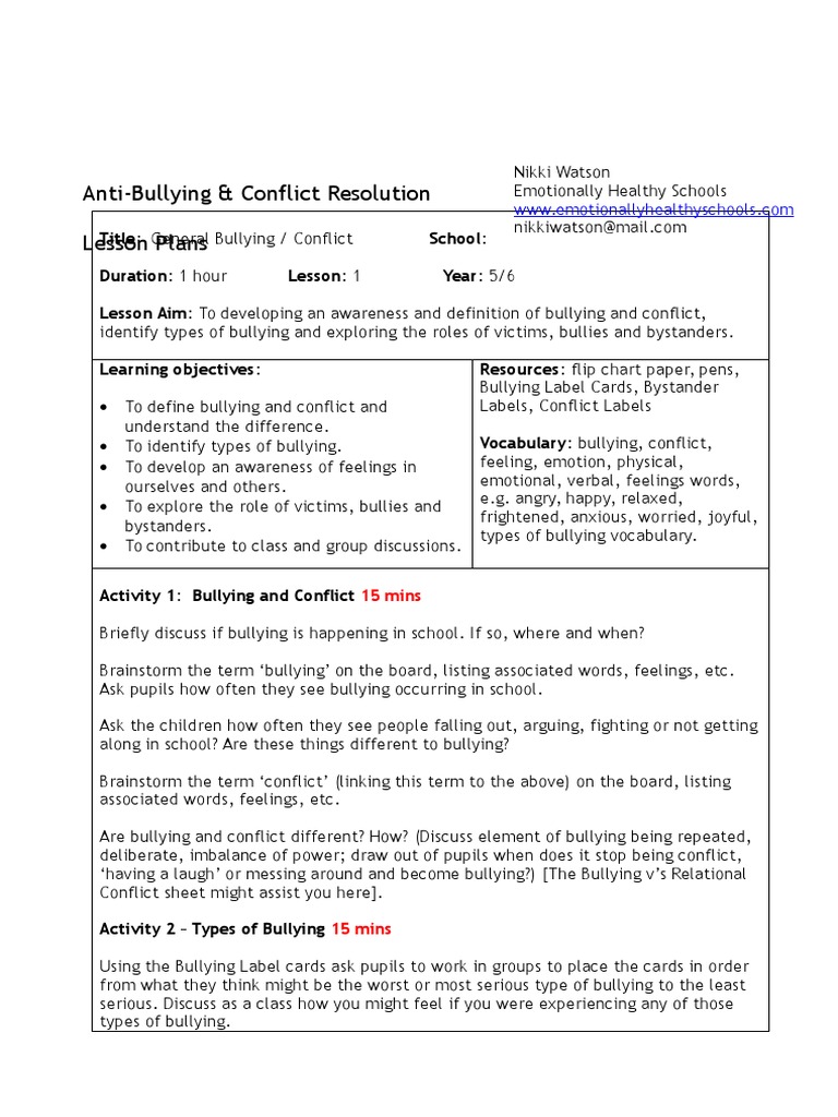 Anti Bullying & Conflict - Lesson Plan 1 | PDF | Bullying | Emotions