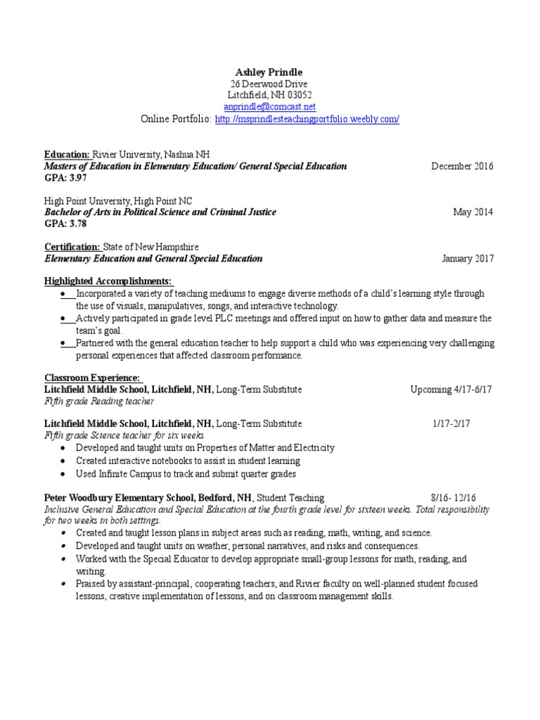 Ashley Prindles Resume | PDF | Ymca | Teachers