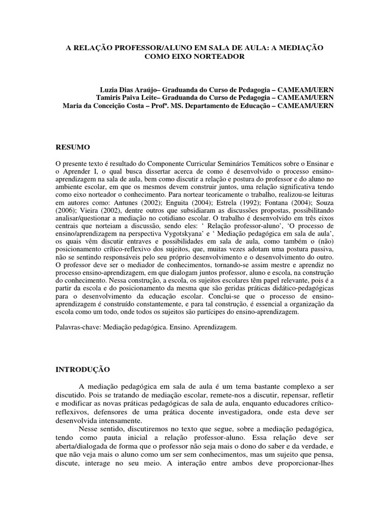 A Relação Professor Aluno Em Sala De Aula Pdf Aprendizado Sociologia
