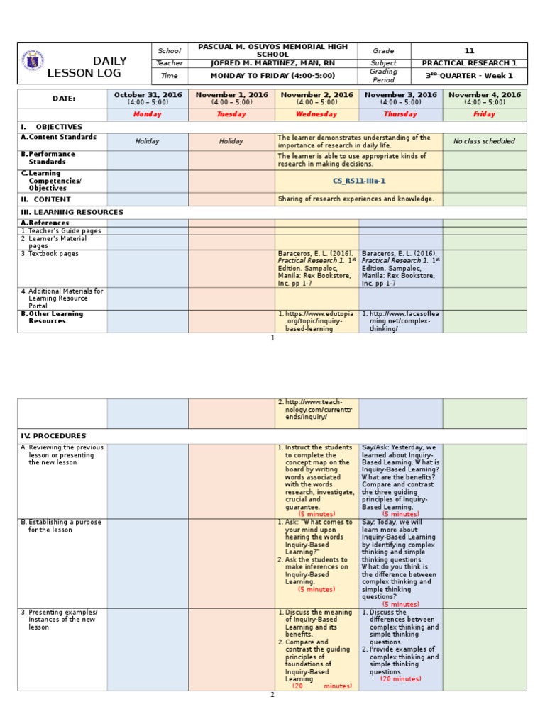Practical Research 1 DLL Week 1 | PDF | Inquiry Based Learning | Neuropsychological Assessment