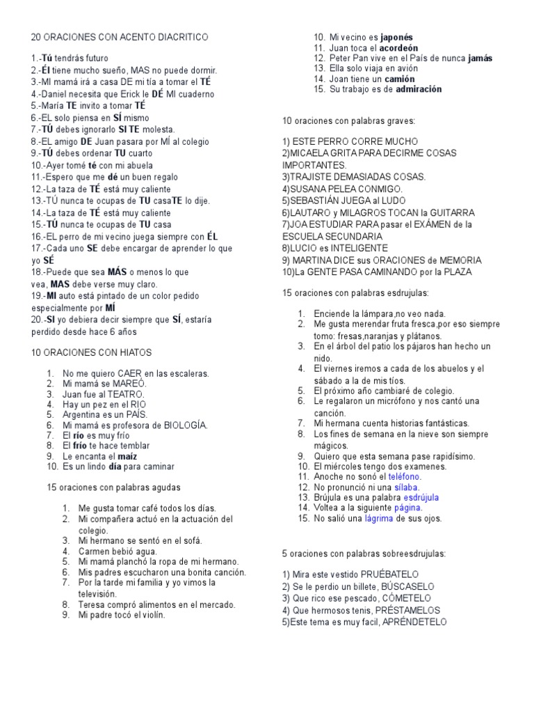 20 Oraciones Con Acento Diacritico