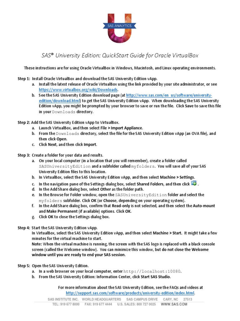 Sas® University Edition: Quickstart Guide For Oracle Virtualbox | PDF