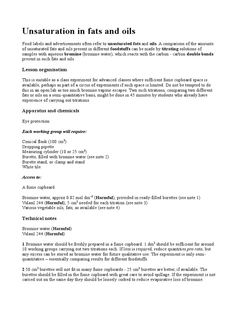 Bromine Test for Lipid Unsaturation | PDF | Titration | Chemistry