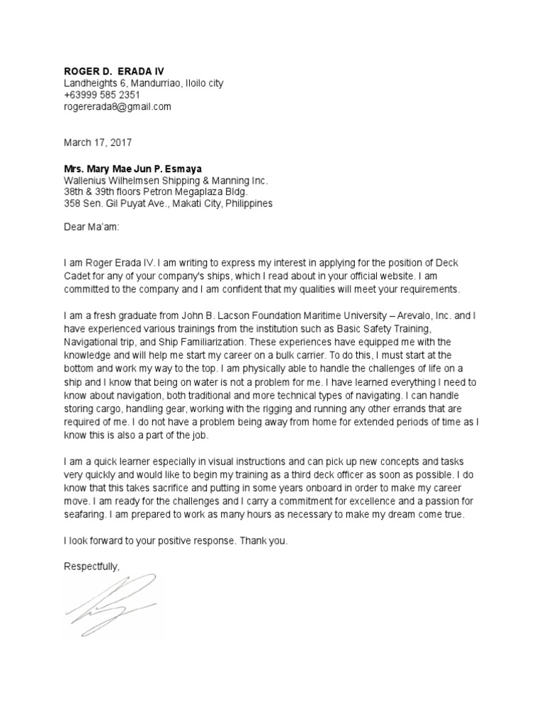 Deck Cadet Application Letter | PDF