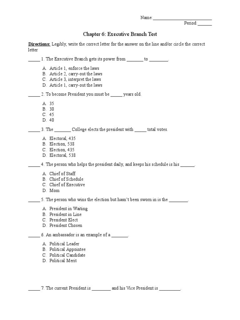4a - Executive Branch Test | PDF | Vice President Of The United States ...