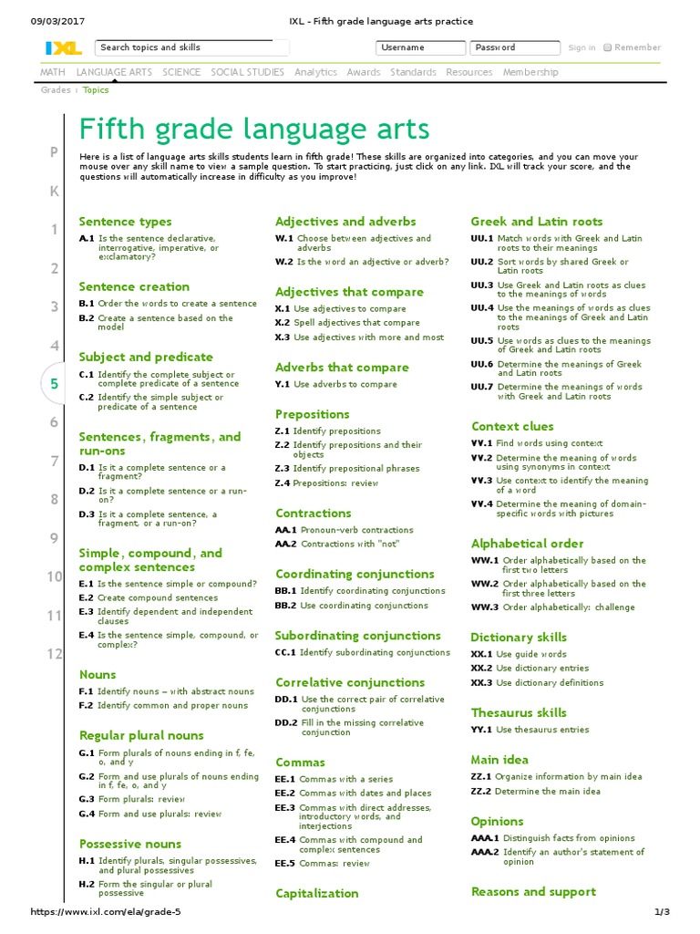 IXL - Fifth Grade Language Arts Practice | PDF | Perfect (Grammar) | Verb