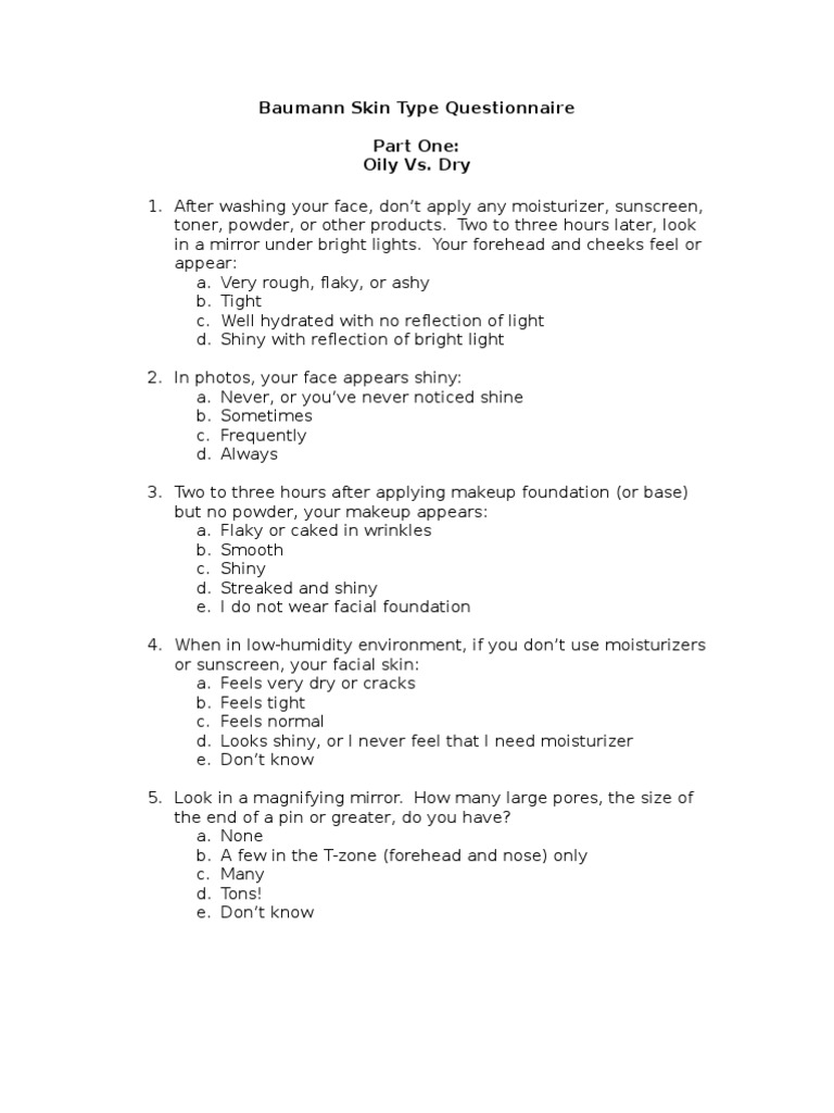 Baumann Skin Type Questionnaire Part One: Oily vs. Dry | PDF ...