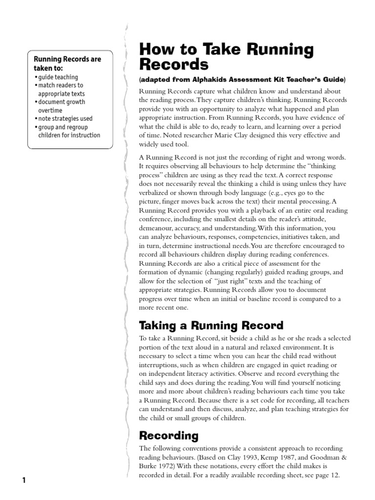 How To Take Running Records: Taking A Running Record | PDF | Reading ...