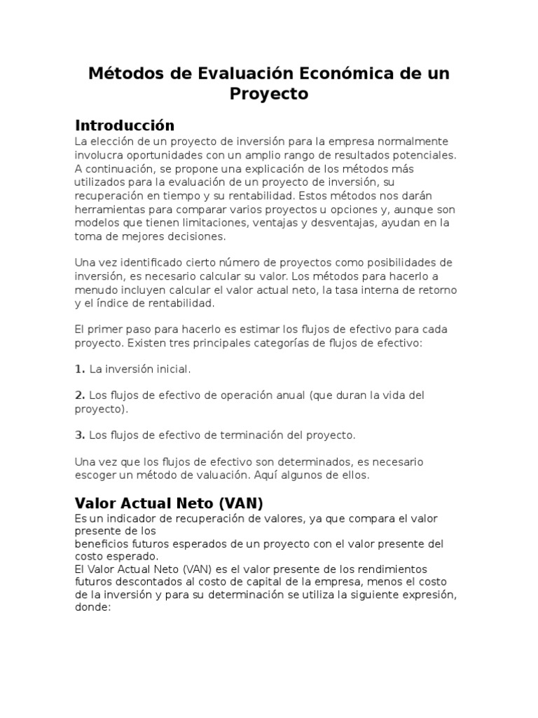 Métodos de Evaluación Económica de Un Proyecto | Valor presente neto | Beneficio (Economía)