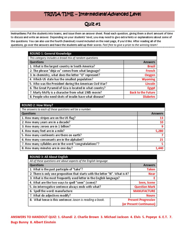 ESL Trivia Games for Intermediate Learners | PDF | English Language ...