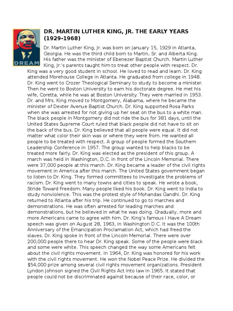 Dr. Luther King Jr. Reading Comrehension | PDF | Coretta Scott King ...