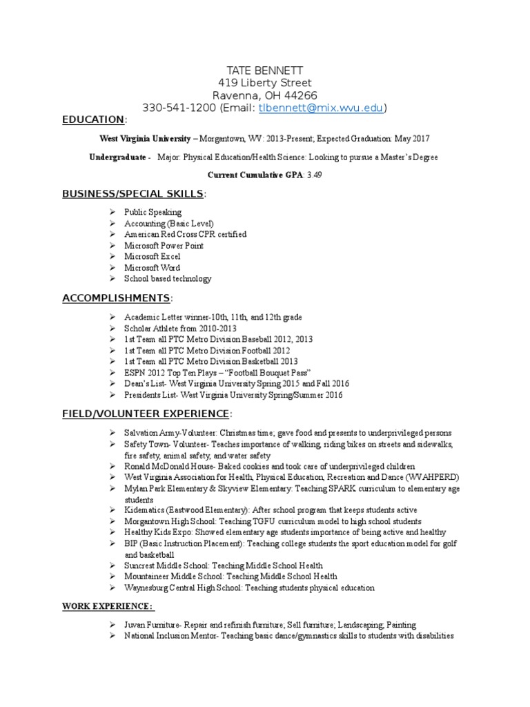 Resume Tate Bennett | PDF | Physical Education | Secondary School
