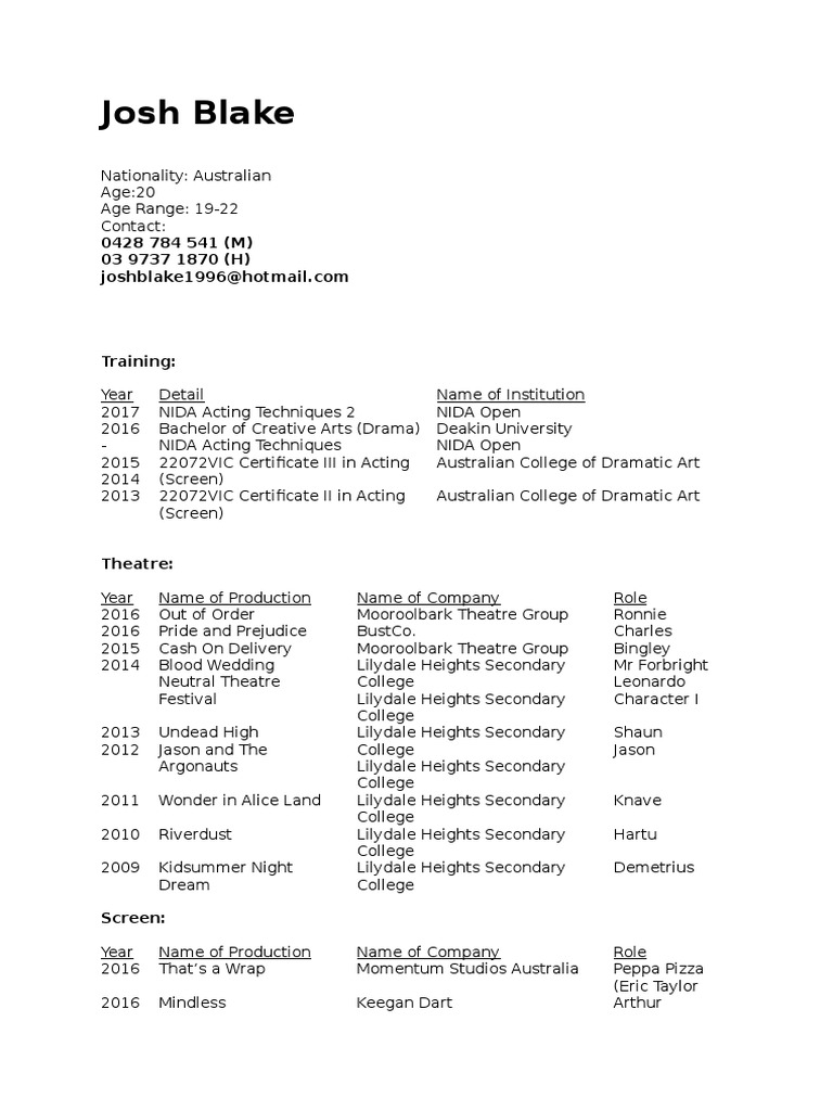Acting Resume 2017 | Download Free PDF | Leisure | Entertainment (General)