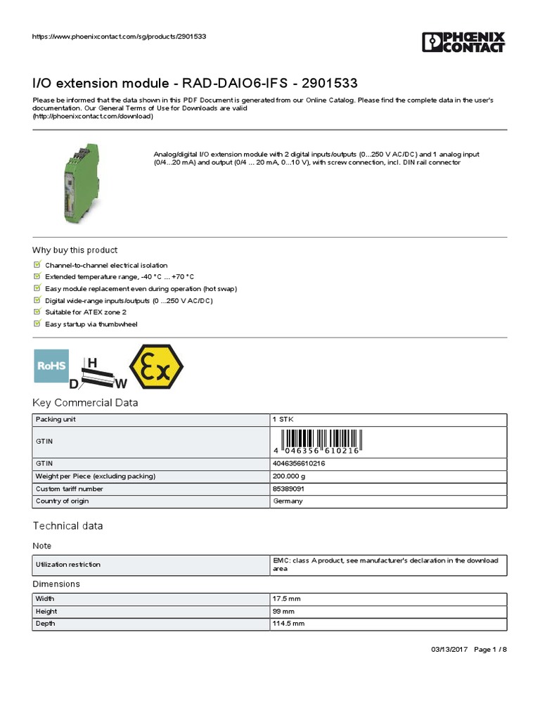 I/O Extension Module - RAD-DAIO6-IFS - 2901533: Key Commercial Data ...